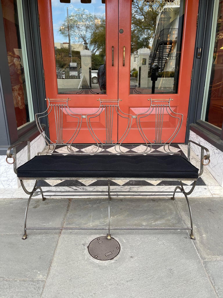Mixed Metal Brass and Iron Bench with Tufted Seat Bottom For Sale at ...