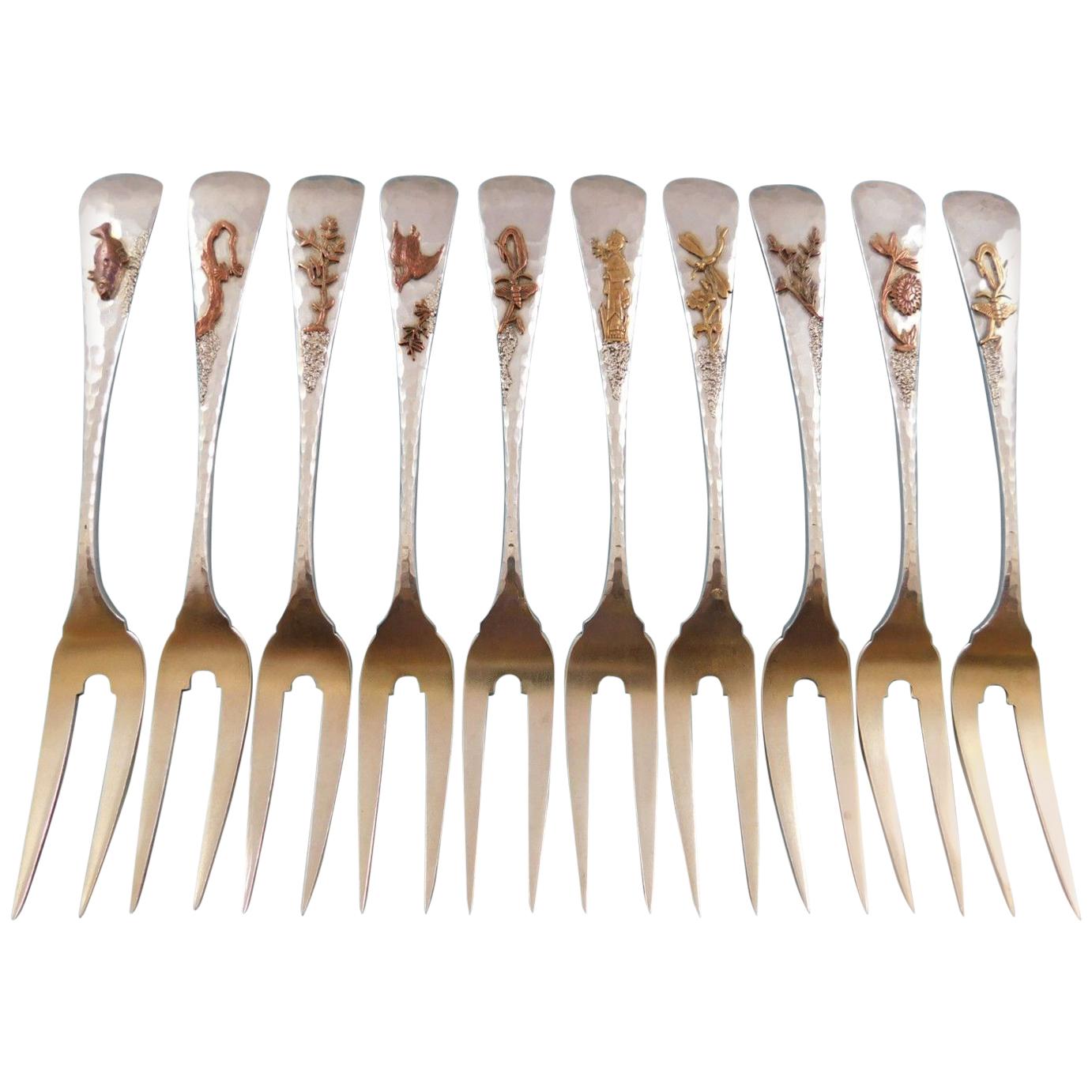 Mixed Metals by Gorham Sterling Silver Set 10 Escargot Forks Hammered ...