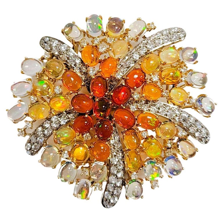 Mixed Opal Oval and White Diamond Brooch in 18k Yellow Gold For Sale at ...