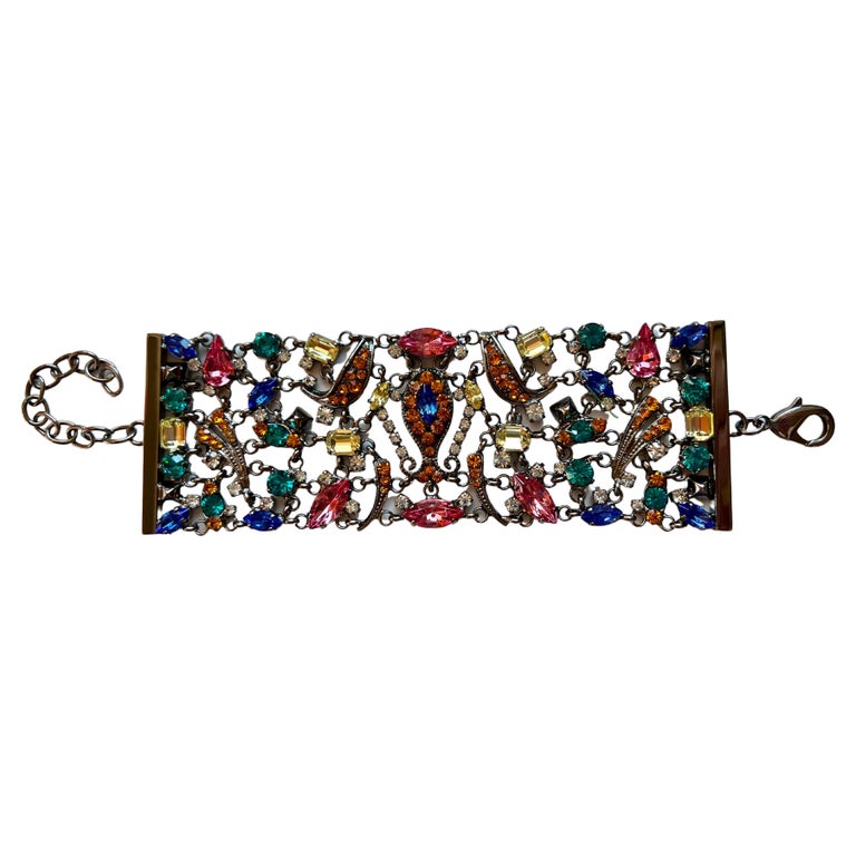 Mixed Open Work Wide Bracelet With Multi Colored Crystals Fashion ...