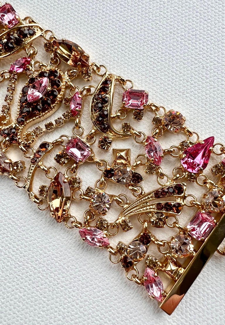 Mixed Open Work Wide Bracelet With Pink Crystals Fashion Jewelry at 1stDibs