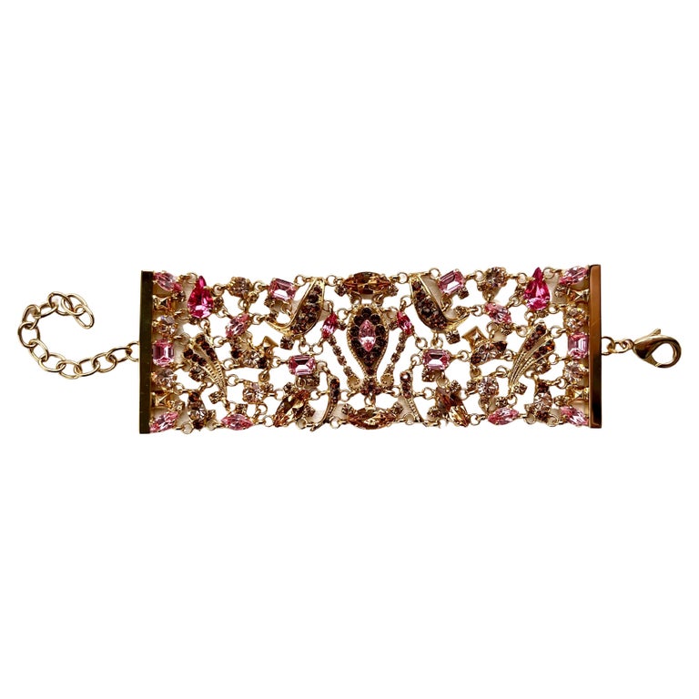 Mixed Open Work Wide Bracelet With Pink Crystals Fashion Jewelry at 1stDibs