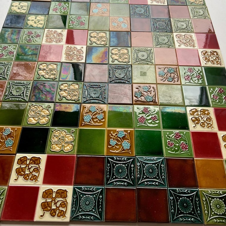 Mixed Relief Antique Panel of 25 Tiles by Gilliot Hemiksem, circa 1920 ...