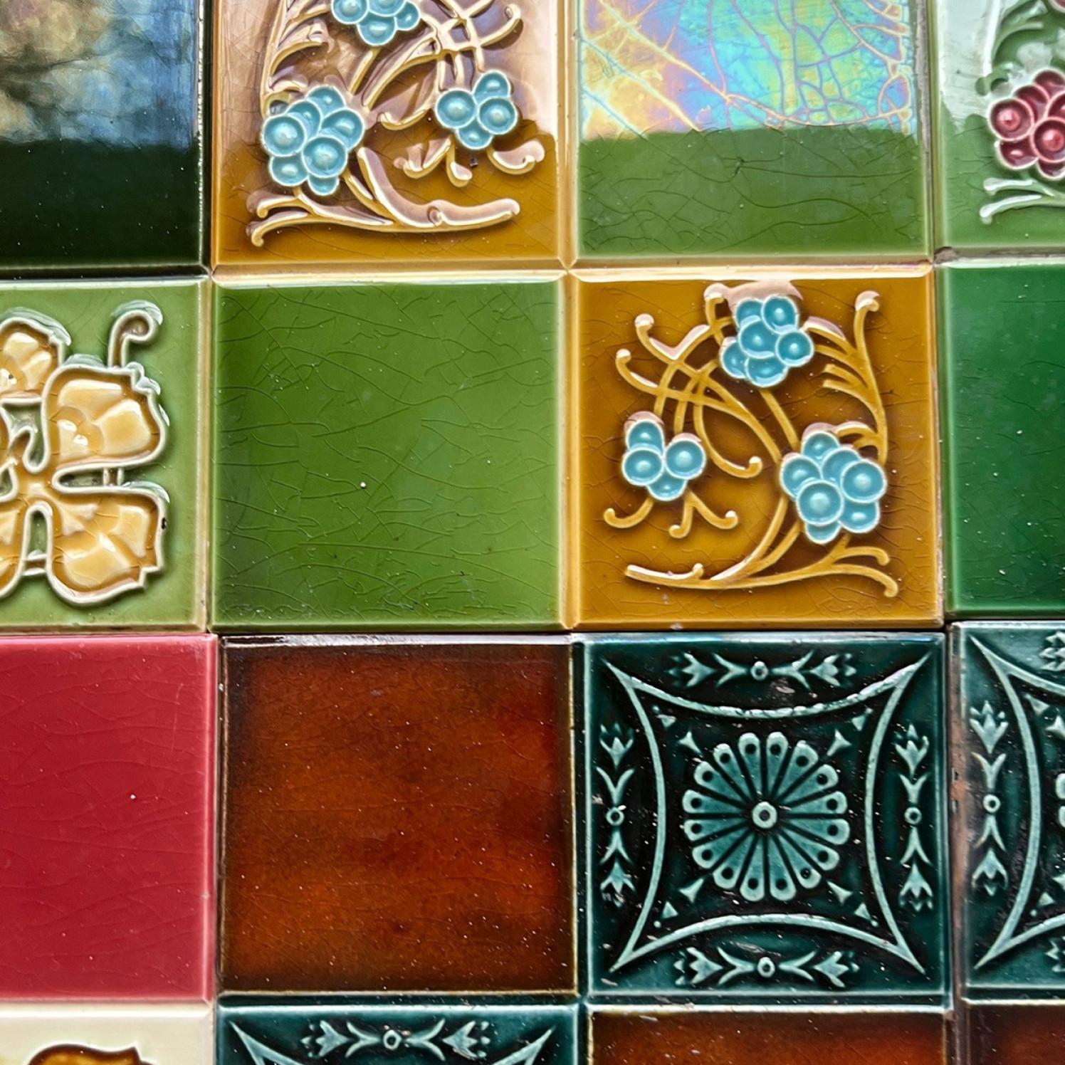 Mixed Relief Antique Panel of 25 Tiles by Gilliot Hemiksem, circa 1920 ...