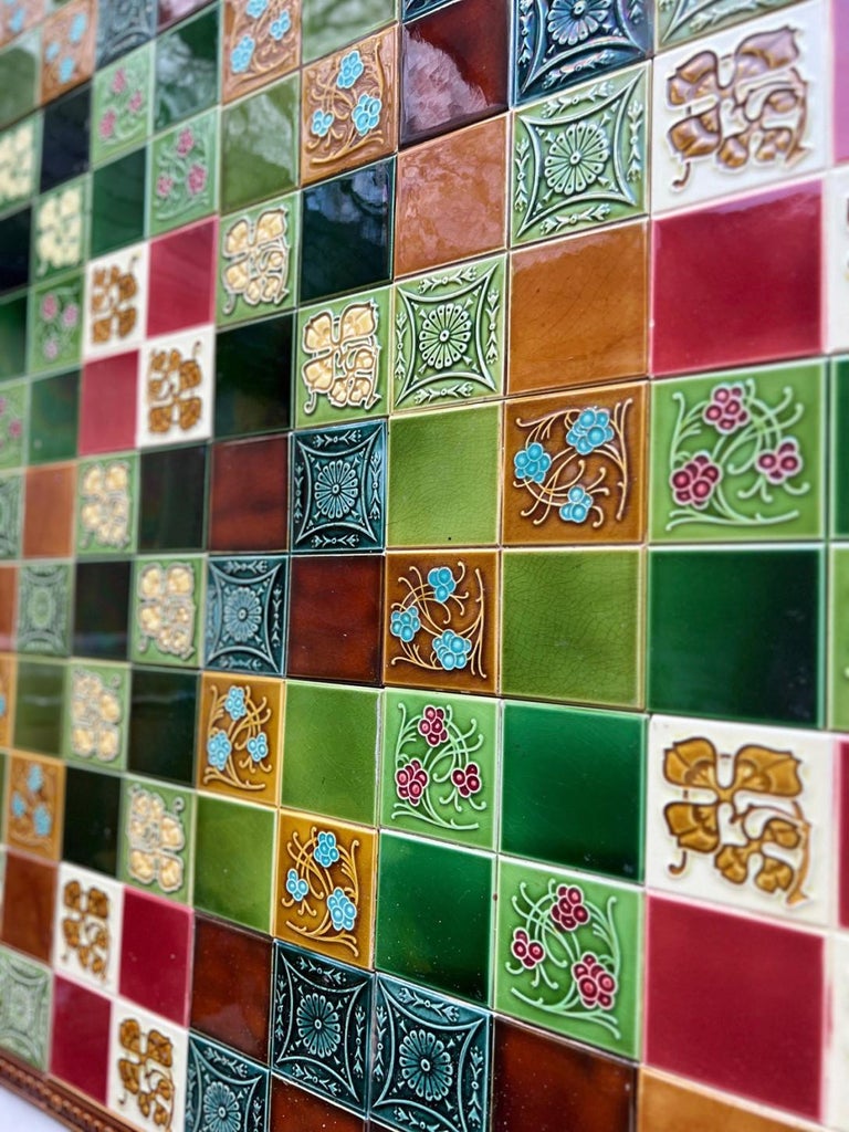 Mixed Relief Antique Panel of 25 Tiles by Gilliot Hemiksem, circa 1920 ...