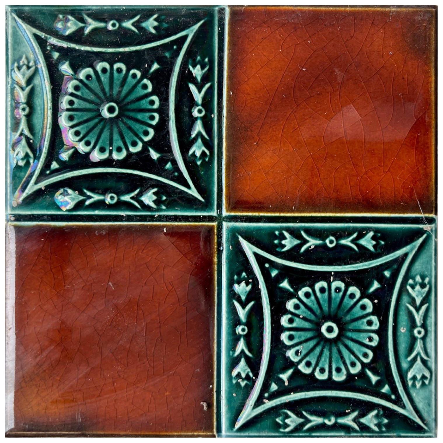 Mixed Relief Antique Panel of 25 Tiles by Gilliot Hemiksem, circa 1920 ...