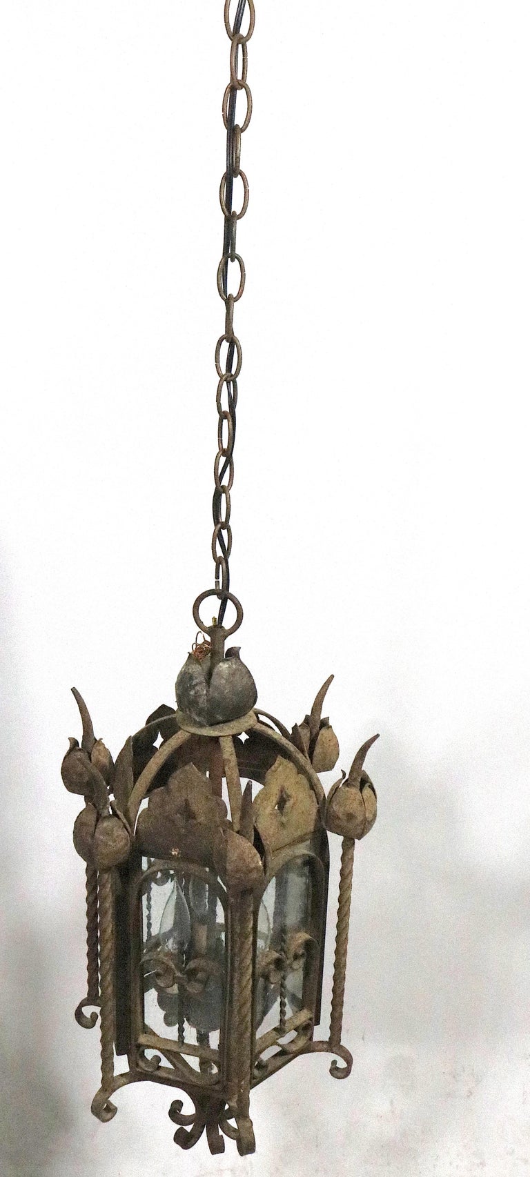 Mizner Outdoor Pair Seed Glass Iron Lanterns-Rusticated Finish-circa ...