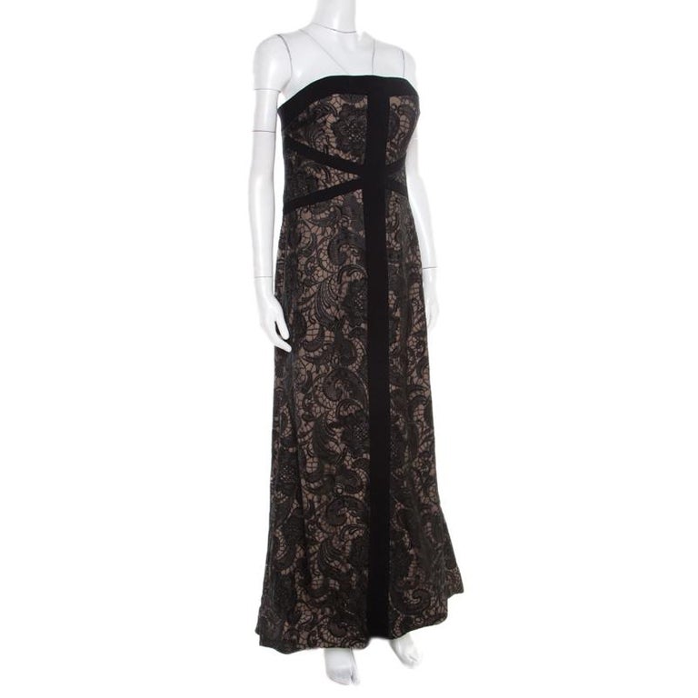 Ml By Monique Lhuillier Black And Beige Floral Embroidered Tulle