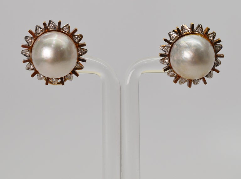 Mobe Pearl Diamond Rose Gold Sunburst Stud Earrings at 1stDibs