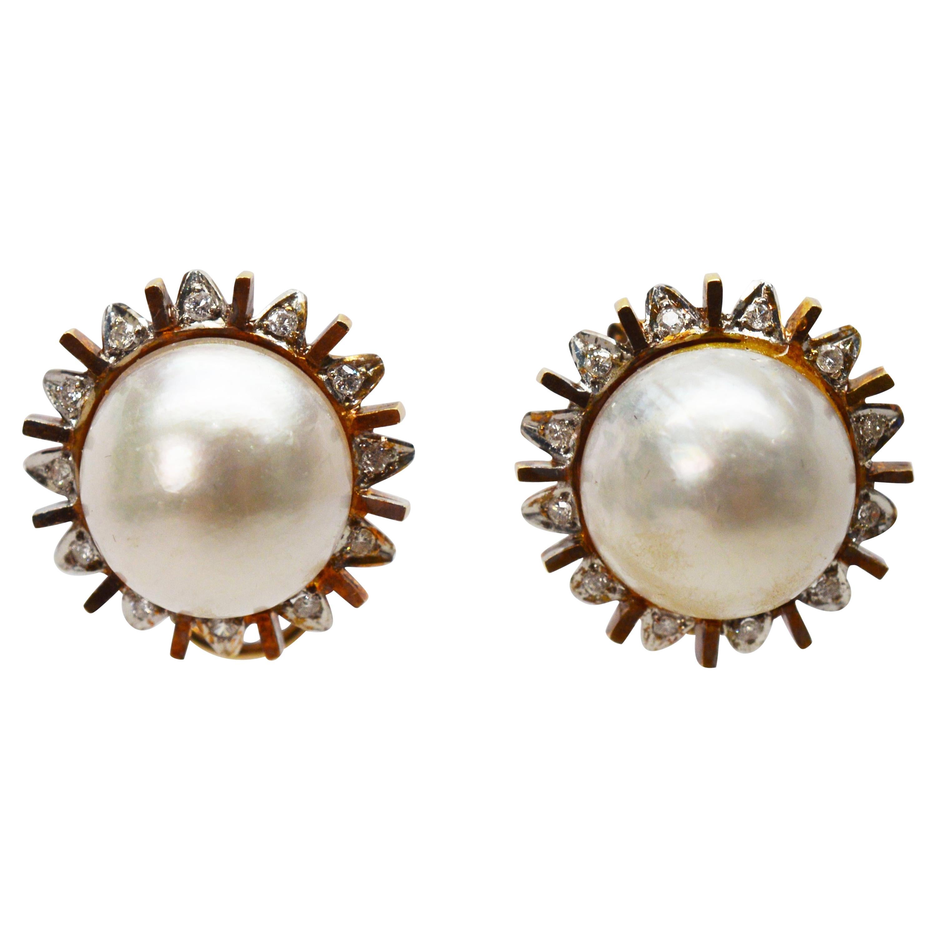 Mobe Pearl Diamond Rose Gold Sunburst Stud Earrings at 1stDibs