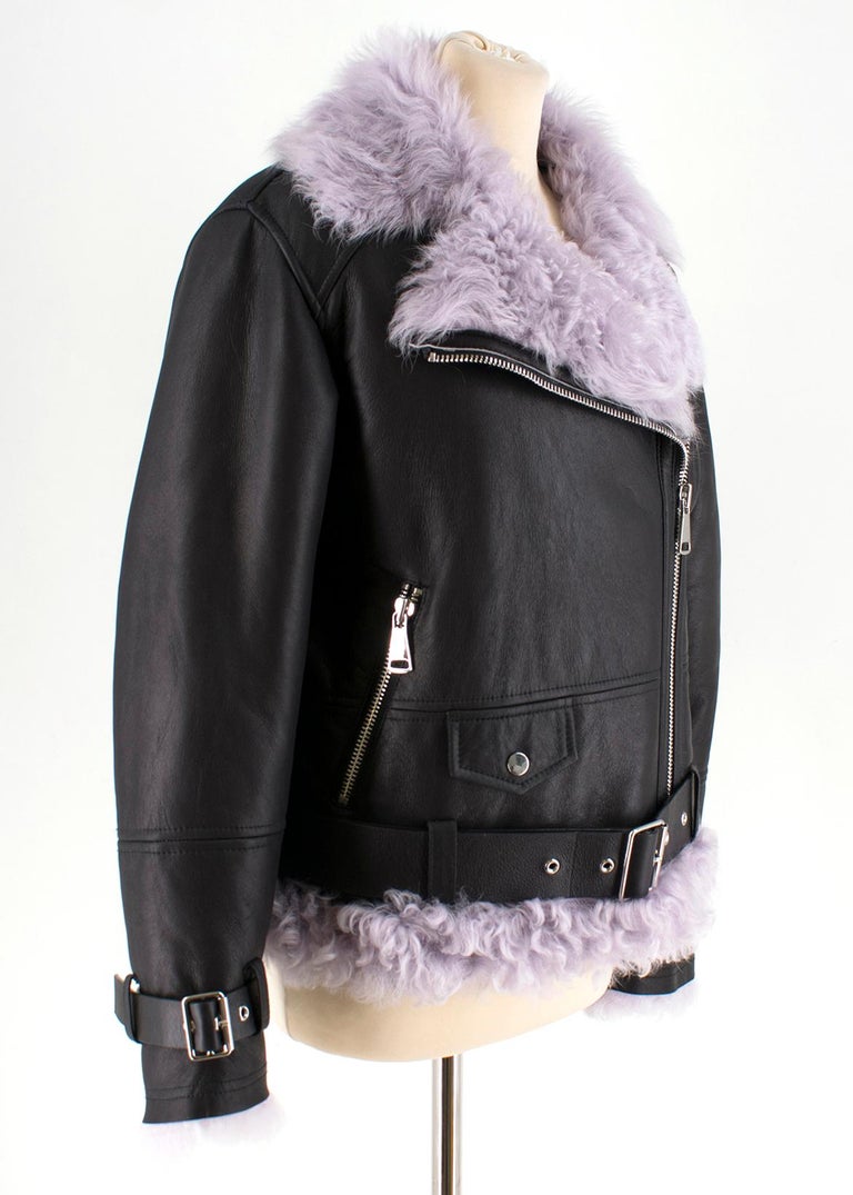 MO&Co. Black Leather Jacket with Lilac Shearling Lining SIZE S at 1stDibs