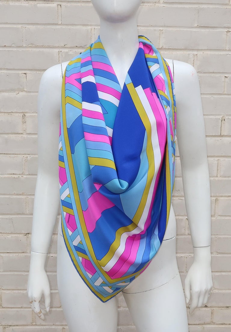 Mod French 1970's Leonard Blue and Pink Silk Scarf at 1stDibs