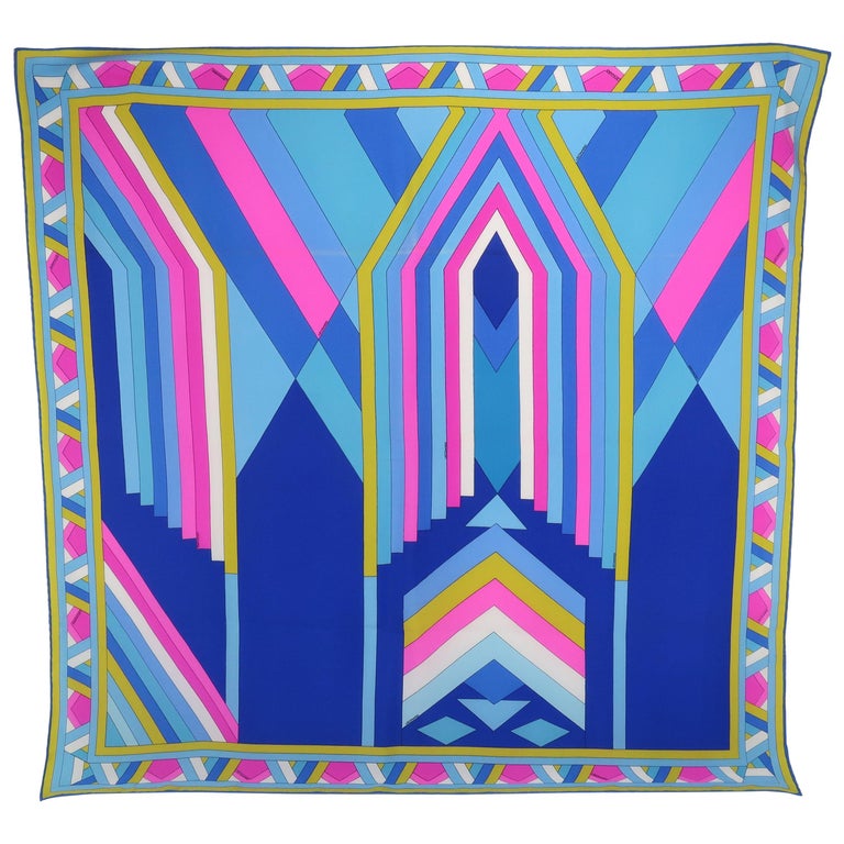 Mod French 1970's Leonard Blue and Pink Silk Scarf at 1stDibs
