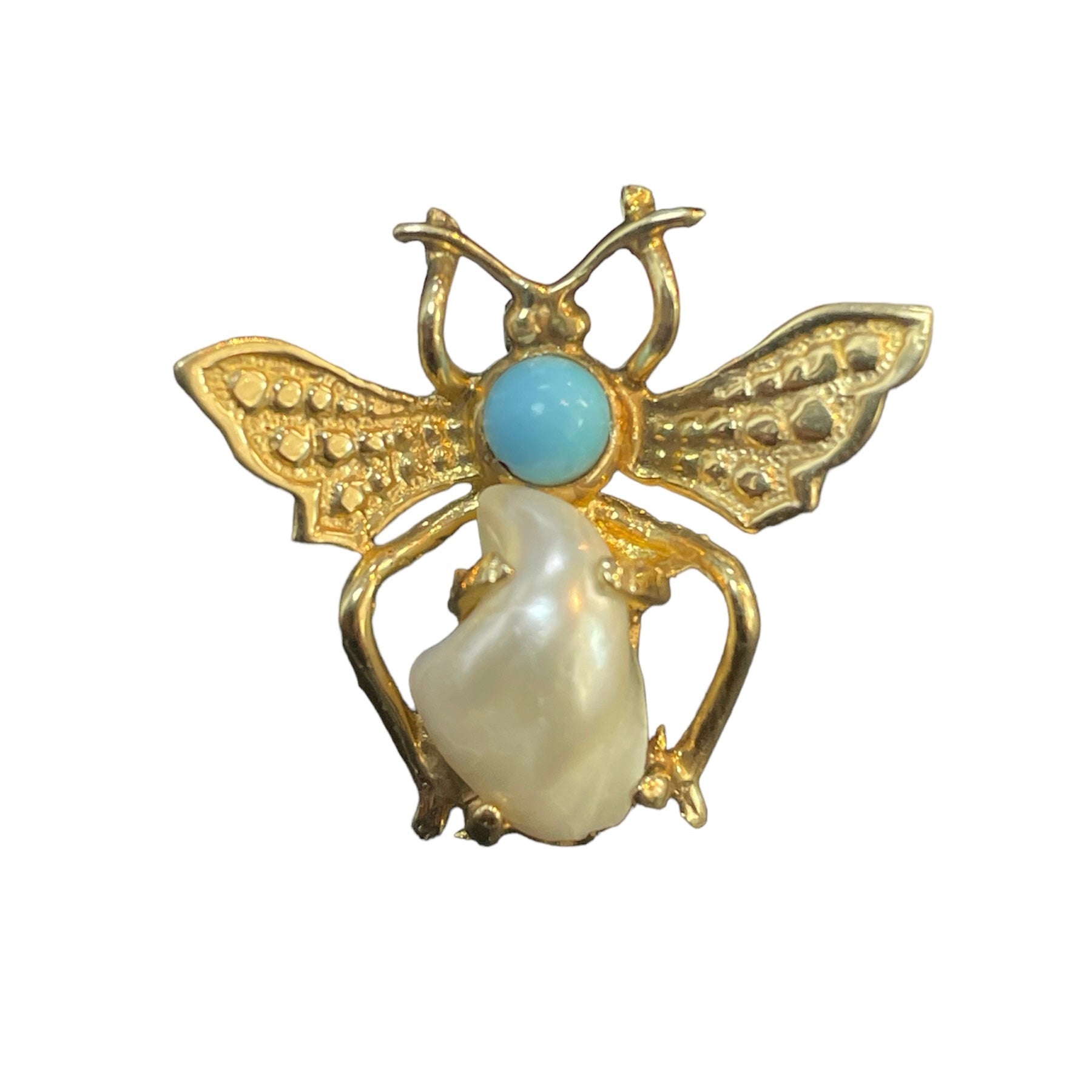 Modern 14K Yellow Gold Turquoise, Baroque Pearl, and Fly Brooch Pin For ...