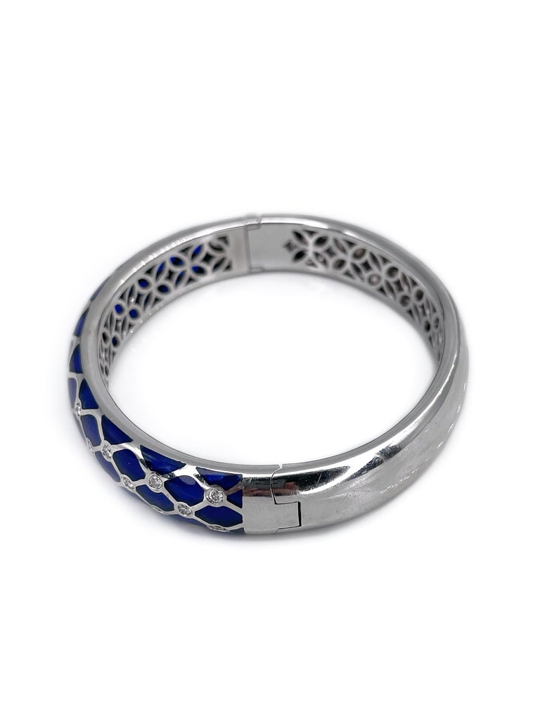 Modern 18 Karat Gold Diamond Blue Glass Hinged Bangle Bracelet For Sale ...