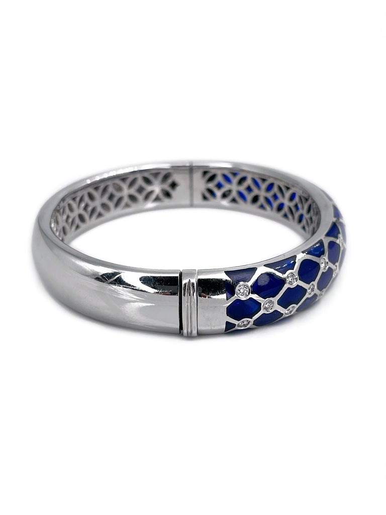 Modern 18 Karat Gold Diamond Blue Glass Hinged Bangle Bracelet For Sale ...