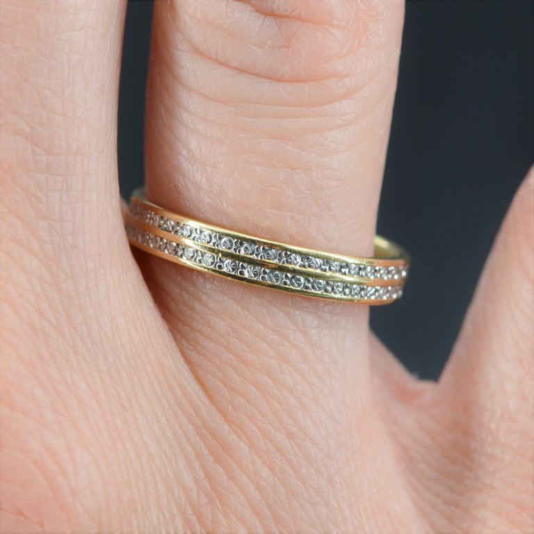 Modern 18 Karat Yellow White Gold Chiseled Double Row Wedding Ring For ...