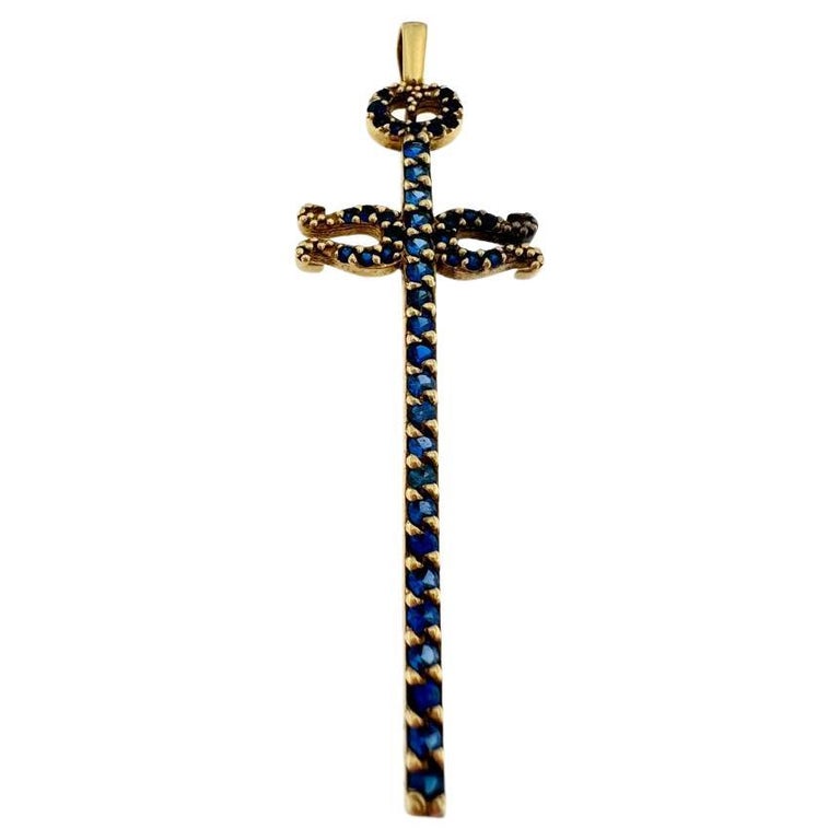 Modern 18kt Yellow Gold Spanish Cross with Blue Zircons and Crescents ...