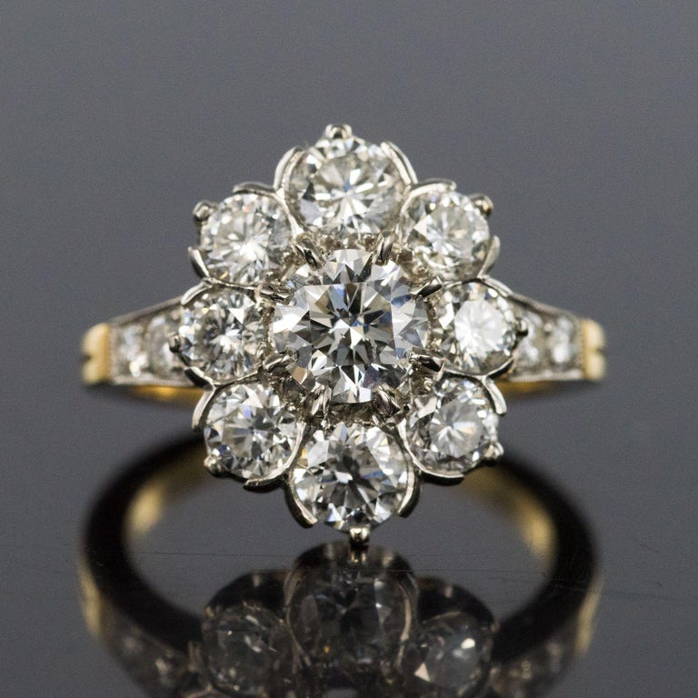 Modern 3, 18 Carats Diamonds 18 Karat Yellow Gold Platinum Daisy Ring ...