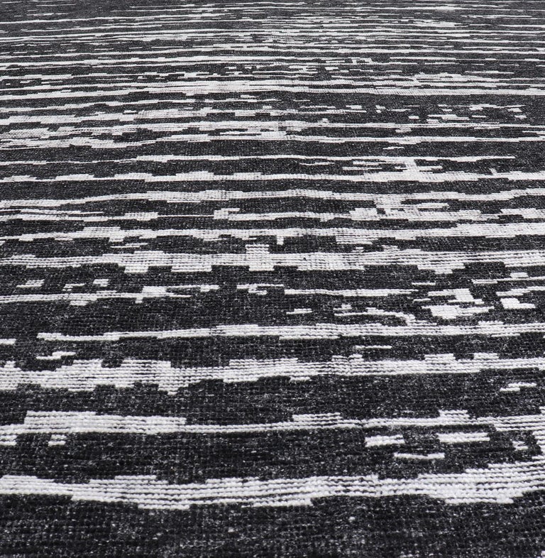 Modern Abstract Designed Striped Black and White Hand Knotted Rug in ...