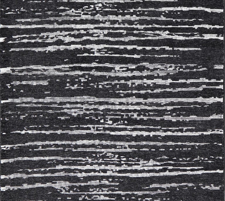 Modern Abstract Designed Striped Black and White Hand Knotted Rug in ...