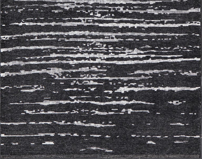Modern Abstract Designed Striped Black and White Hand Knotted Rug in ...