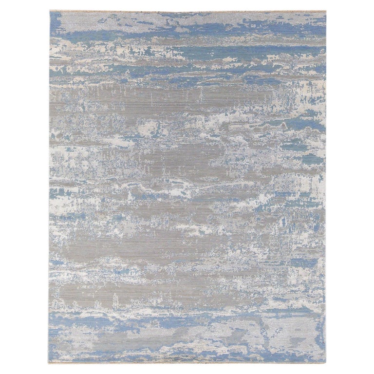 Modern Abstract Indian Handmade Blue and Gray Wool and Silk Rug For ...