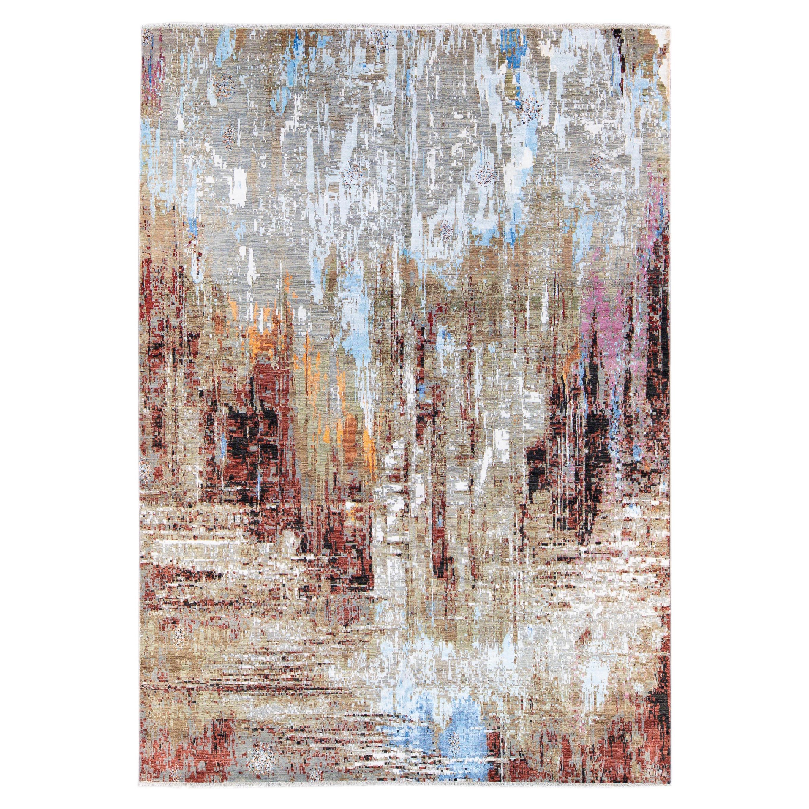 Modern Indian Abstract Handmade Multicolor Wool and Silk Rug For Sale ...
