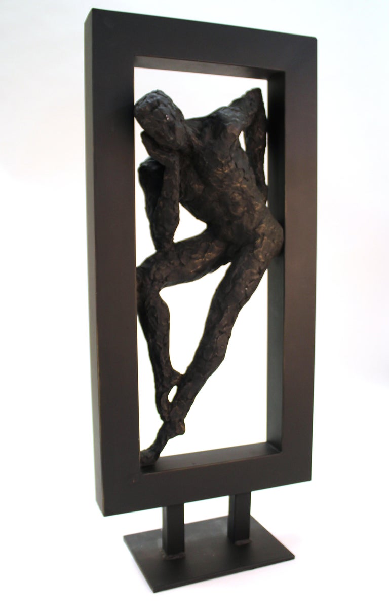 Modern Abstract Metal Sculpture of a Man Leaning Inside a Metal Frame ...