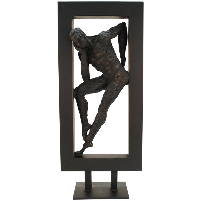 Modern Abstract Metal Sculpture of a Man Leaning Inside a Metal Frame ...