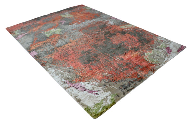Modern Abstract Rug with Silver Gray and Red Distressed Pattern by Rug ...