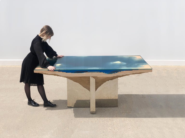 Modern Abyss Dining Table in Birch and Glass with Stainless Steel Base ...