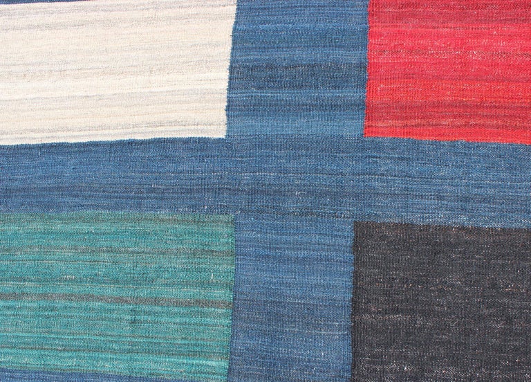 Modern Afghan Flat-Weave Rug in Steal Blue and Multicolored Blocks For ...