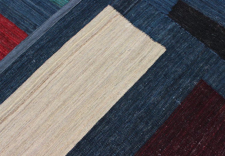 Modern Afghan Flat-Weave Rug in Steal Blue and Multicolored Blocks For ...