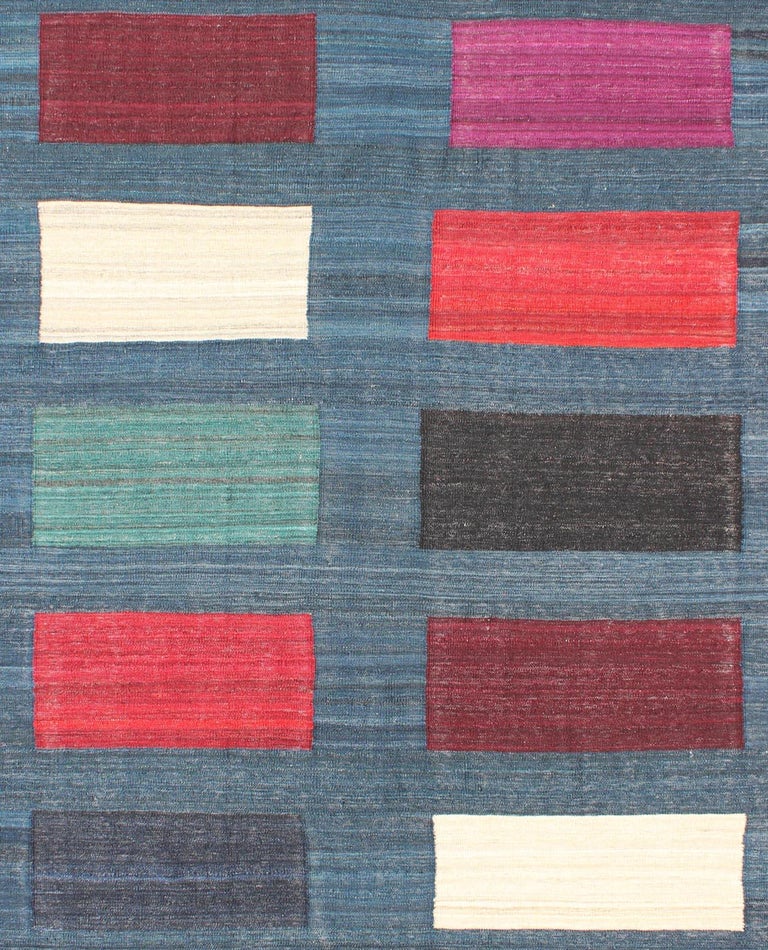 Modern Afghan Flat-Weave Rug in Steal Blue and Multicolored Blocks For ...