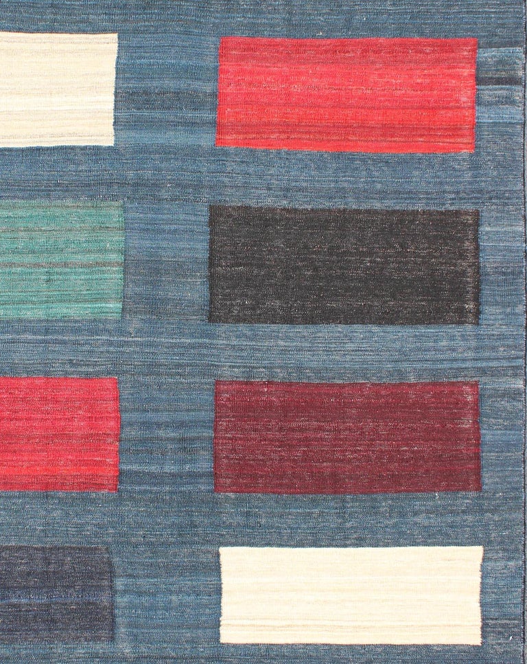Modern Afghan Flat-Weave Rug in Steal Blue and Multicolored Blocks For ...