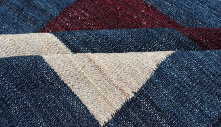 Modern Afghan Flat-Weave Rug in Steal Blue and Multicolored Blocks For ...