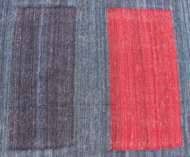 Modern Afghan Flat-Weave Rug in Steal Blue and Multicolored Blocks For ...