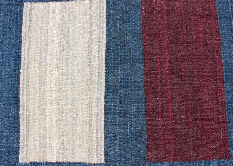 Modern Afghan Flat-Weave Rug in Steal Blue and Multicolored Blocks For ...