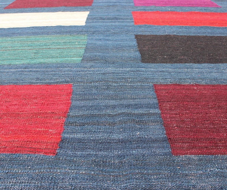 Modern Afghan Flat-Weave Rug in Steal Blue and Multicolored Blocks For ...