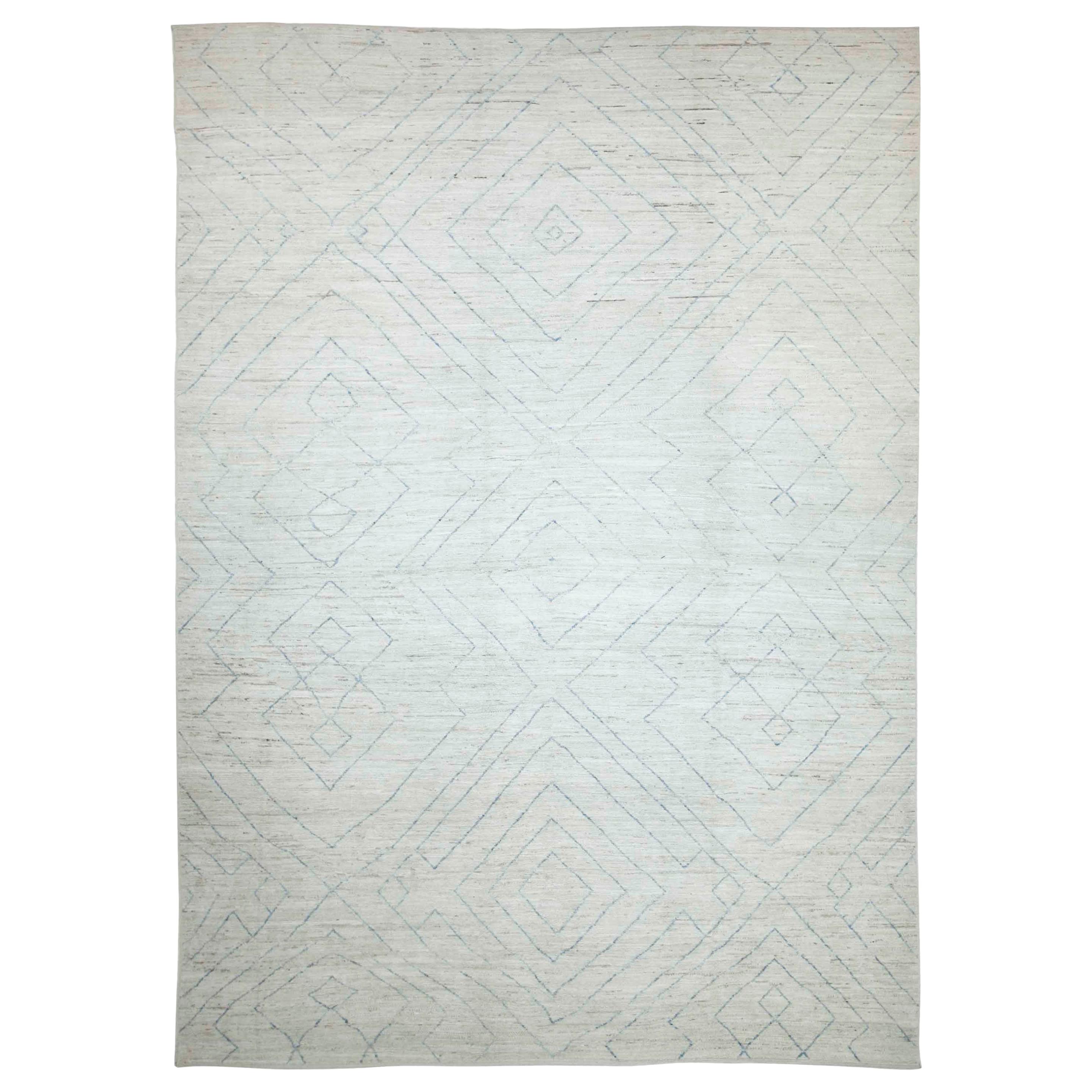 Modern Afghan Moroccan Style Rug with Blue ‘Roots’ Lines on Ivory Field ...