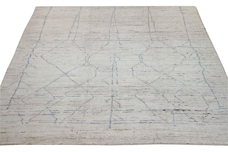 Modern Afghan Moroccan Style Rug with Blue ‘Roots’ Lines on Ivory Field ...