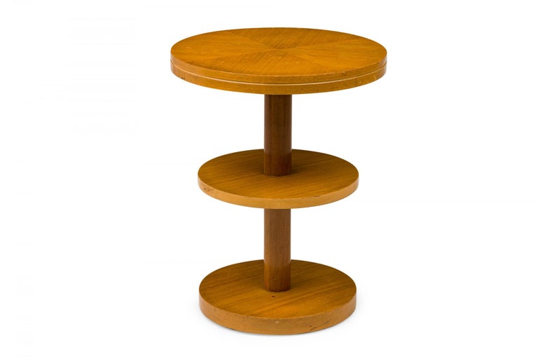 Modern Age Art Deco Circular Three Tier Blond Wood End / Side Table For ...