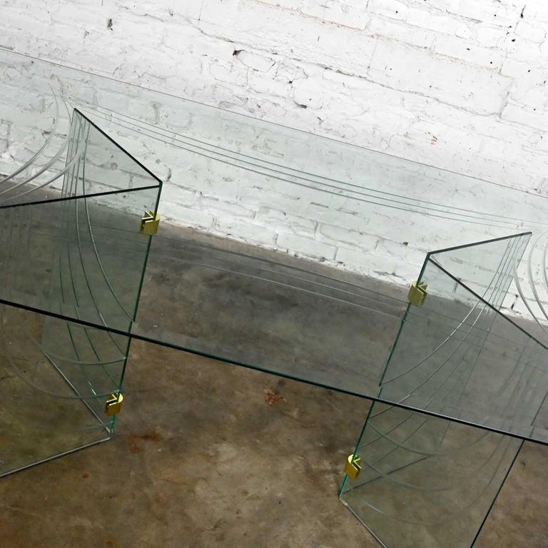 Modern All Glass Dining Table V Double Pedestal Base Style The Pace ...