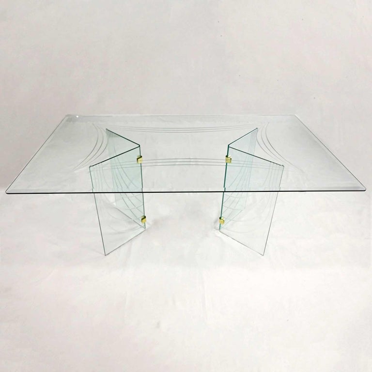 Modern All Glass Dining Table V Double Pedestal Base Style The Pace ...