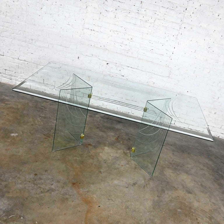 Modern All Glass Dining Table V Double Pedestal Base Style The Pace ...