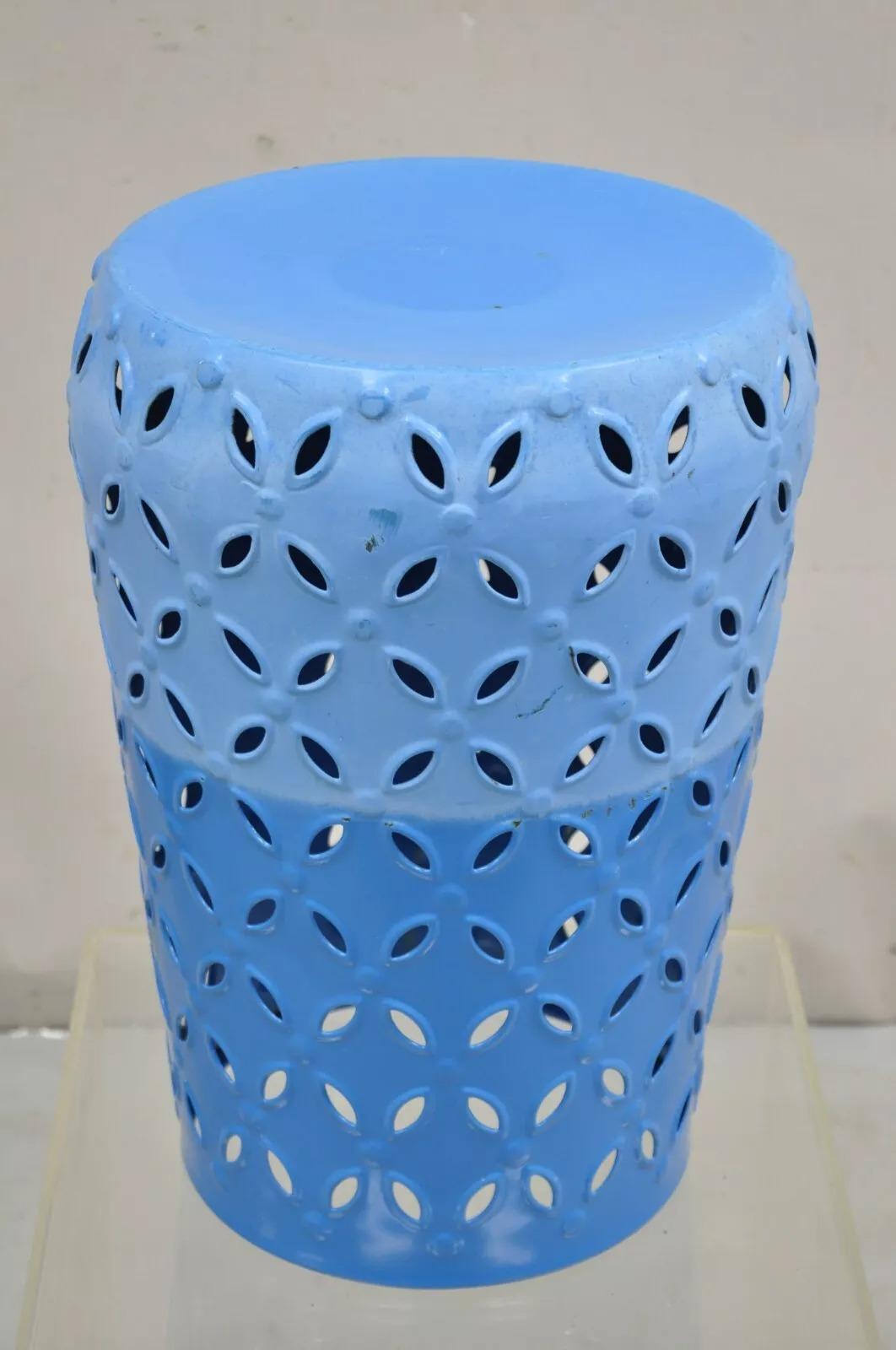 Modern Aqua Blue Metal Lace Cut Round Drum Garden Seat Side Table Stool ...