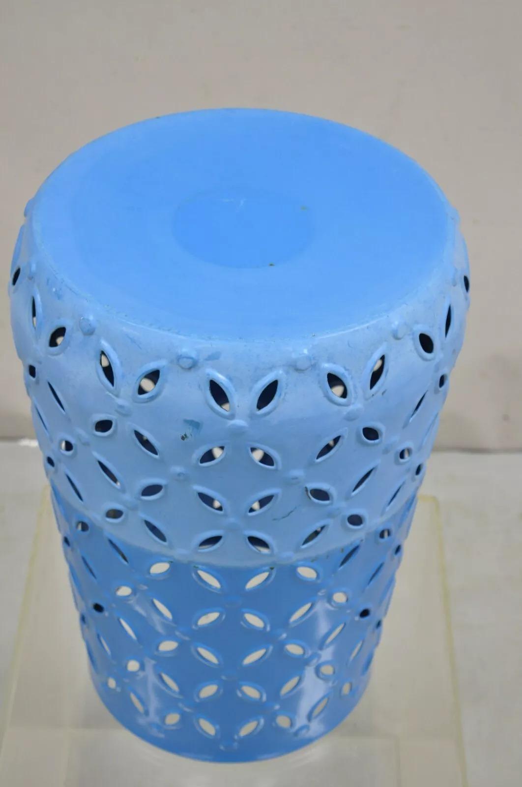 Modern Aqua Blue Metal Lace Cut Round Drum Garden Seat Side Table Stool ...