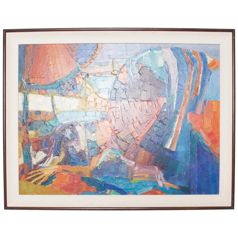 Modern Art 1970s Vibrant Blue Abstract Oil Painting on Canvas by Travis ...