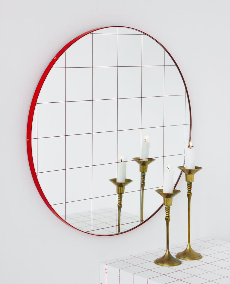 Orbis Red Grid Round Modern Mirror with Red Frame - Regular For Sale at ...